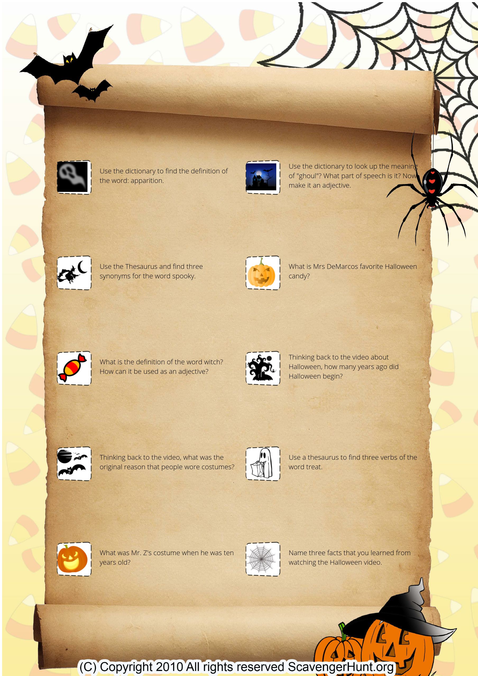 Halloween classroom hunt using thesaurus and dictionary